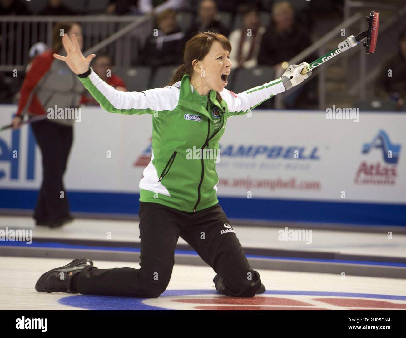 Saskatchewan skip Jill Shumay reacts to her shot during draw sixteen ...