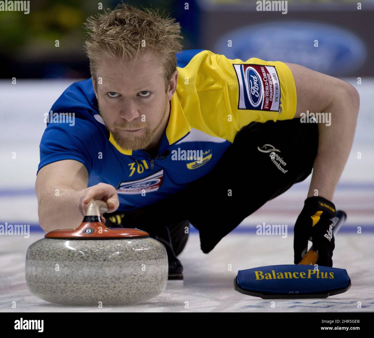 Sweden skip Niklas Edin makes a shot during an afternoon draw against ...