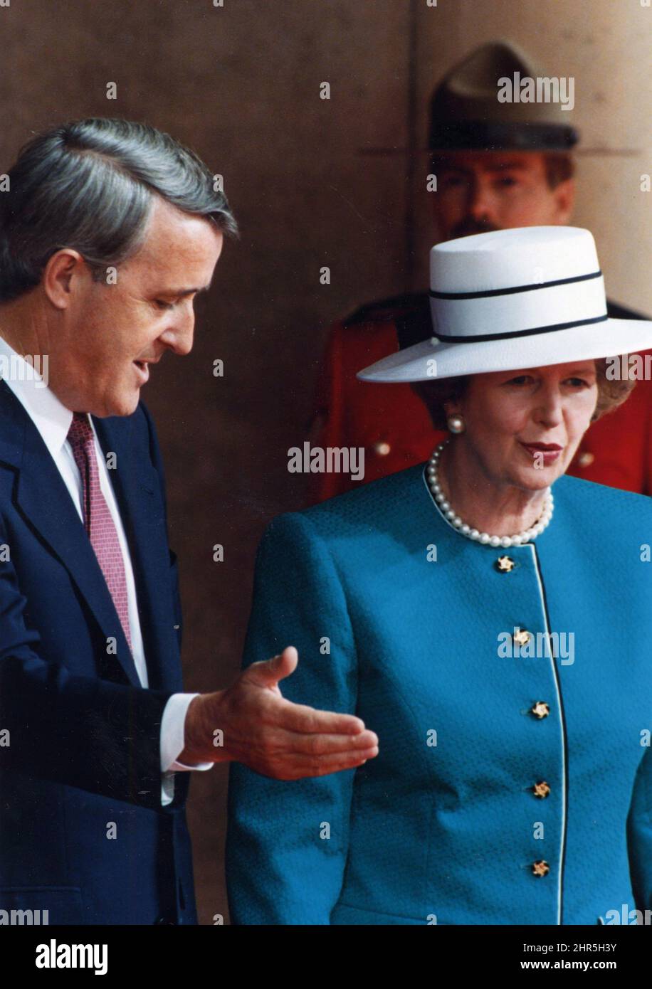 Then Prime Minister Brian Mulroney welcomes British Prime Minister Margaret Thatcher to the ...