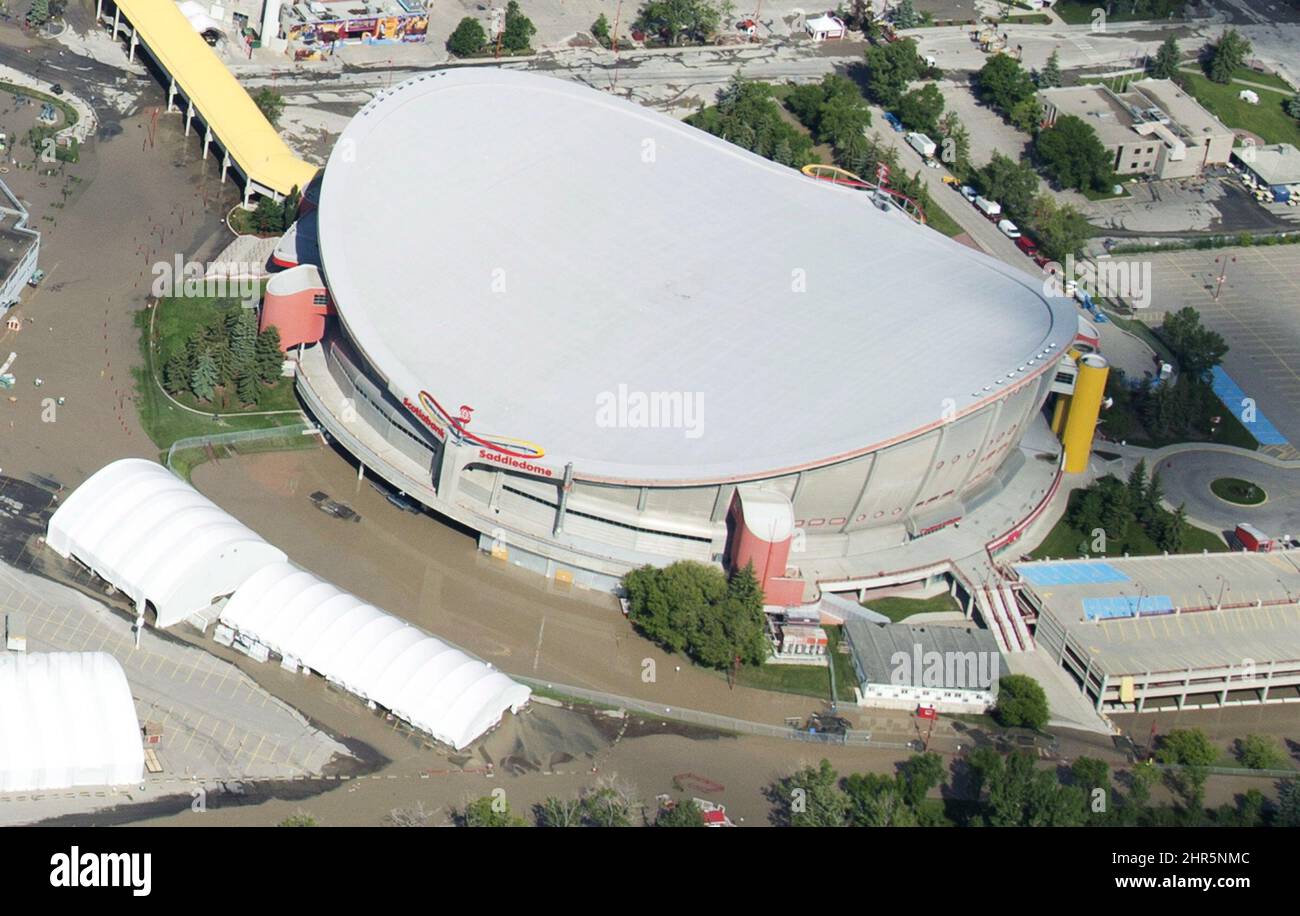The flooded Saddledome stadium is seen from a aerial view in Calgary ...