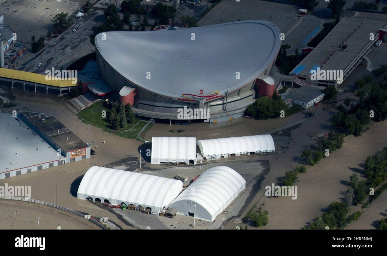 The flooded out Saddledome is seen in downtown Calgary, Alta. Saturday ...