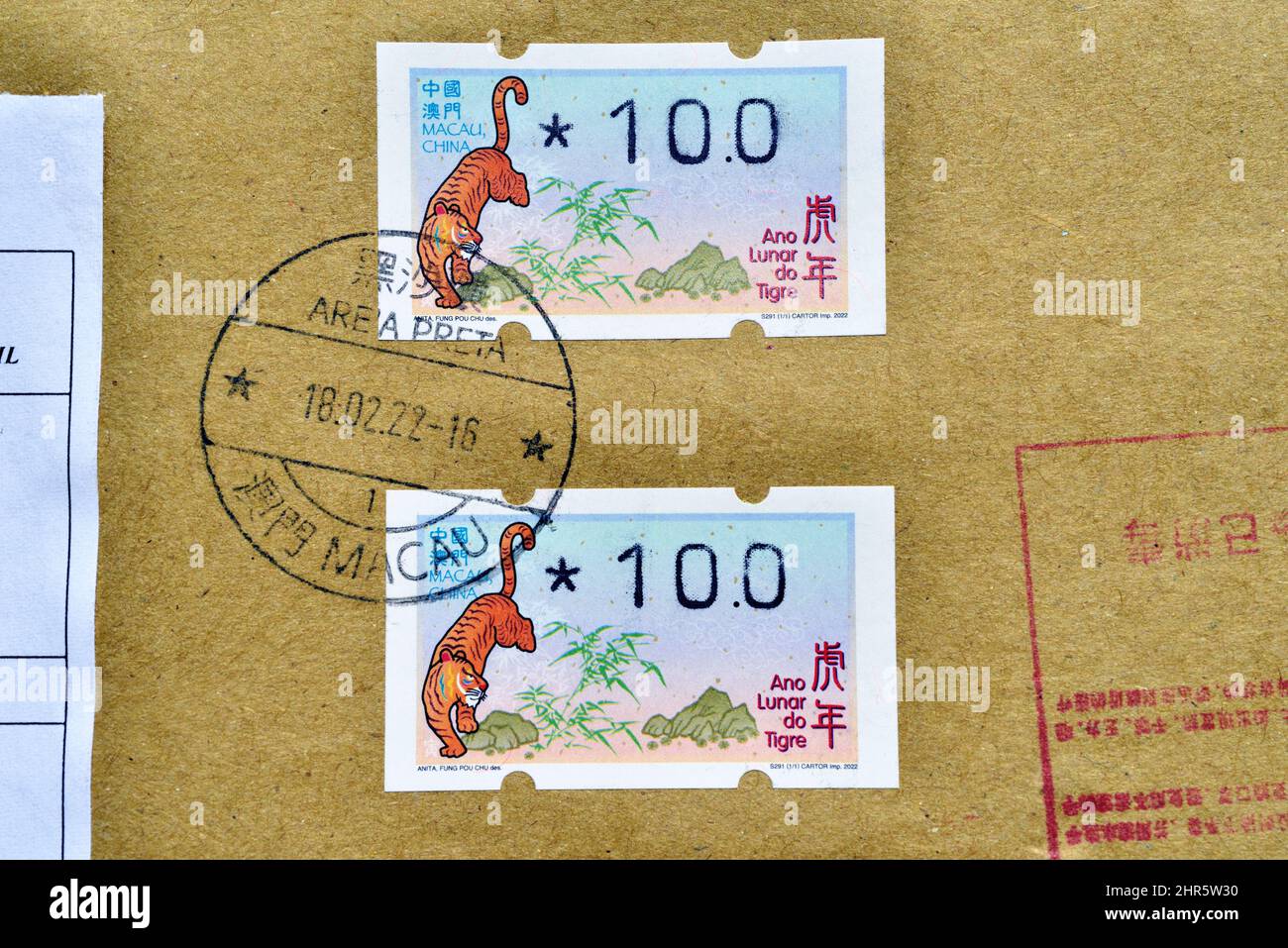 MACAO - CIRCA 2022: A label stamp printed in Macao SAR shows Lunar Year of the Tiger,circa 2022 ...