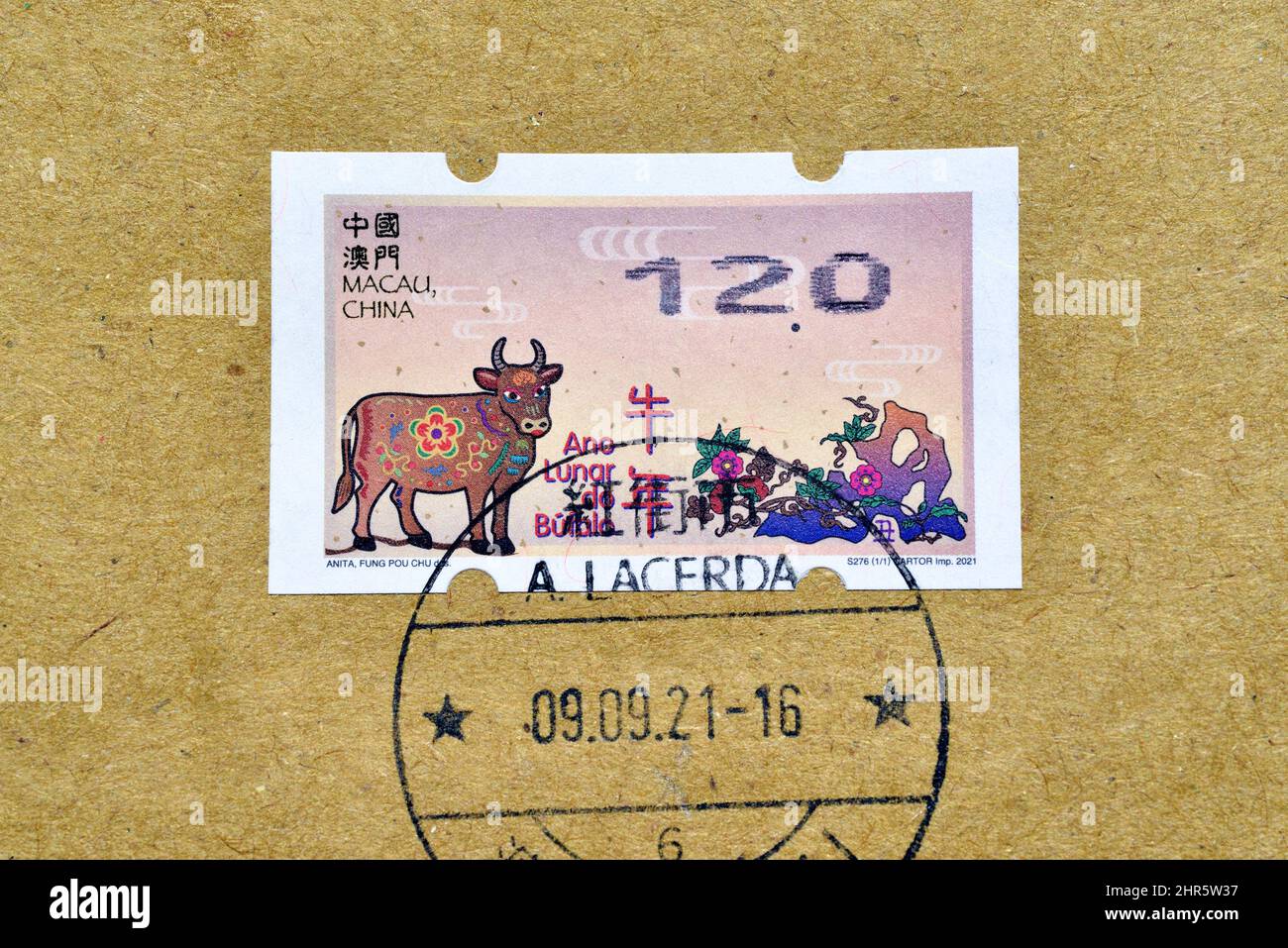 MACAO - CIRCA 2021: A label stamp printed in Macao SAR shows Lunar Year of the Ox,circa 2021 ...