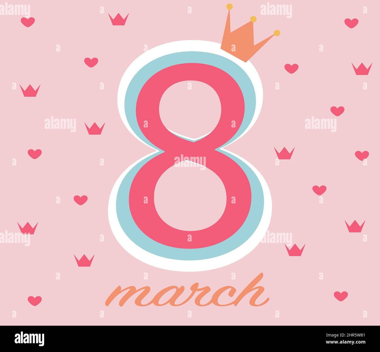 Cute 8 March greeting card with golden crown on pink background with ...