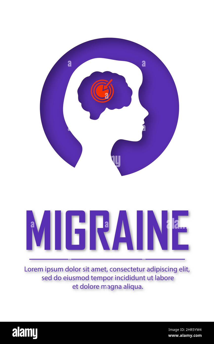 Migraine poster. Conceptual illustration of head pain in people of ...