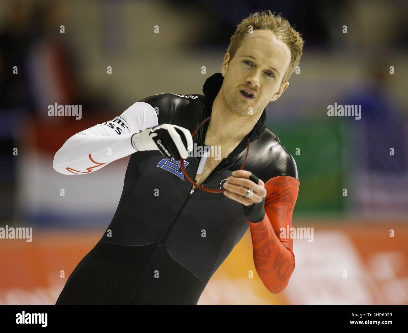 Jamie Gregg, of Edmonton, Alta., reacts to his fourth place finish ...