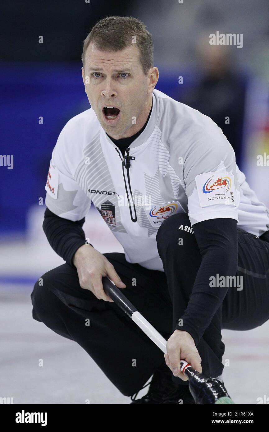Skip Jeff Stoughton calls to his sweepers during draw 10 against Kevin ...
