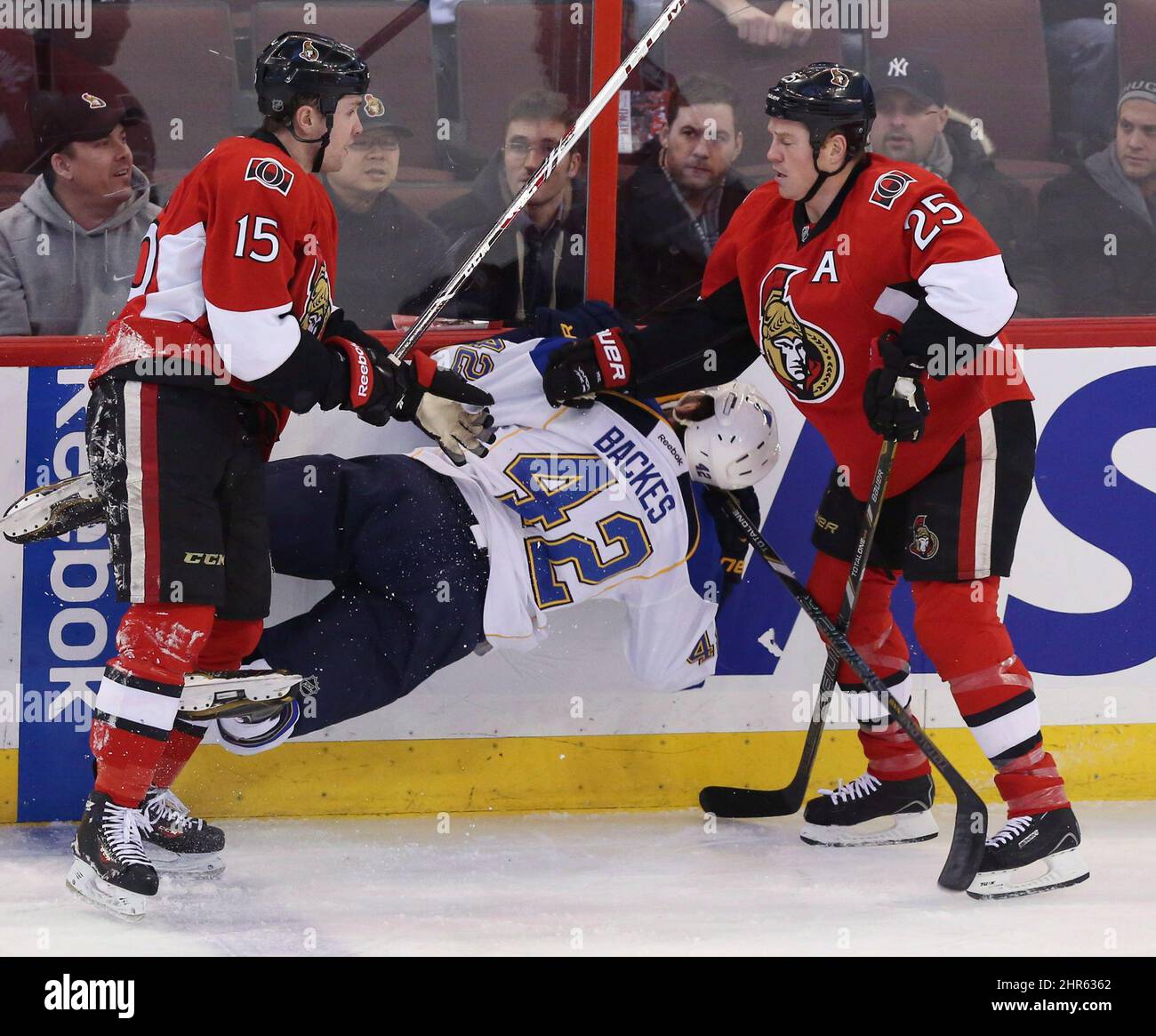 Ottawa Senators Zack Smith (15) and Chris Neil (25) check St.Louis ...