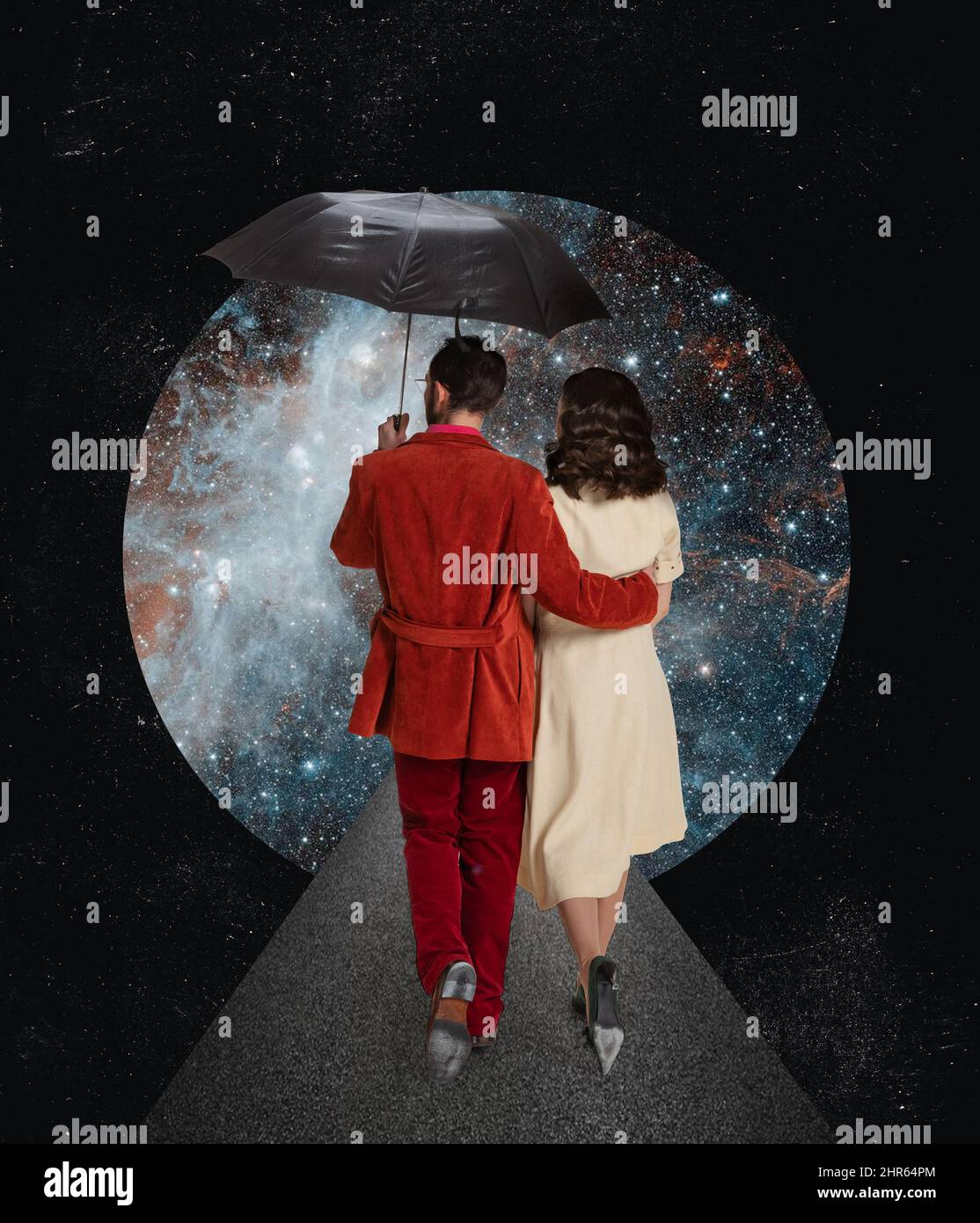 Composition with man and woman wearing retro outfits walking under the ...