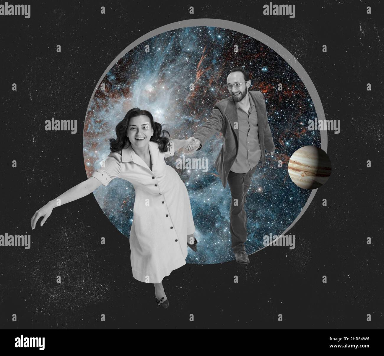 Composition with man and woman wearing retro outfits walking under the starry night sky. Concept ...