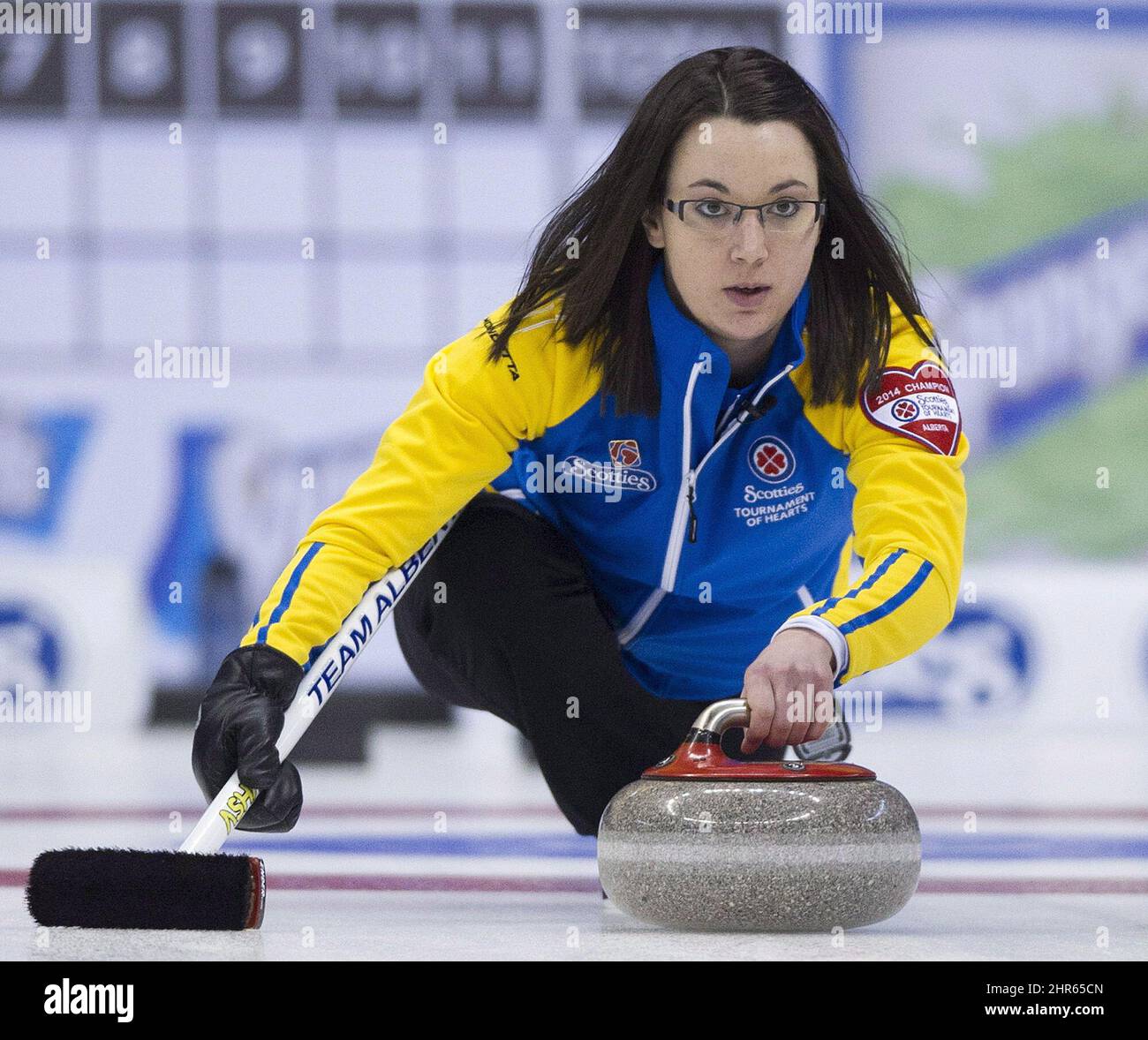 Team Alberta skip Val Sweeting delivers her stone against team ...