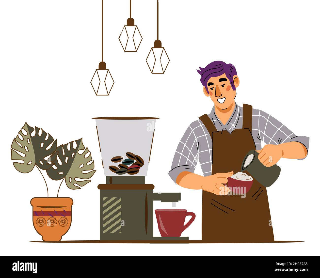 Barista man cartoon character preparing coffee, flat vector ...