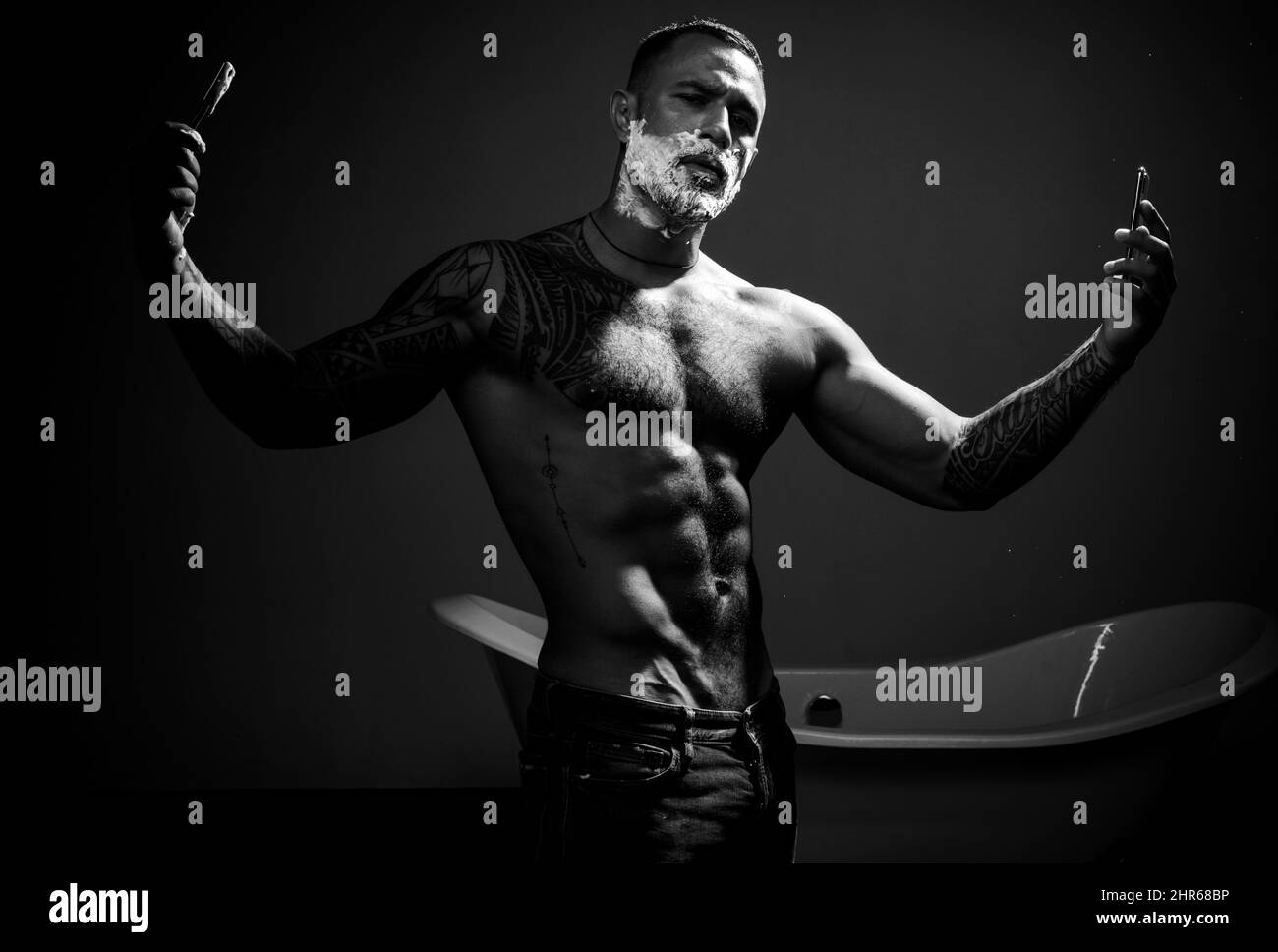 Master hairdresser does hairstyle and style with scissors and comb ...