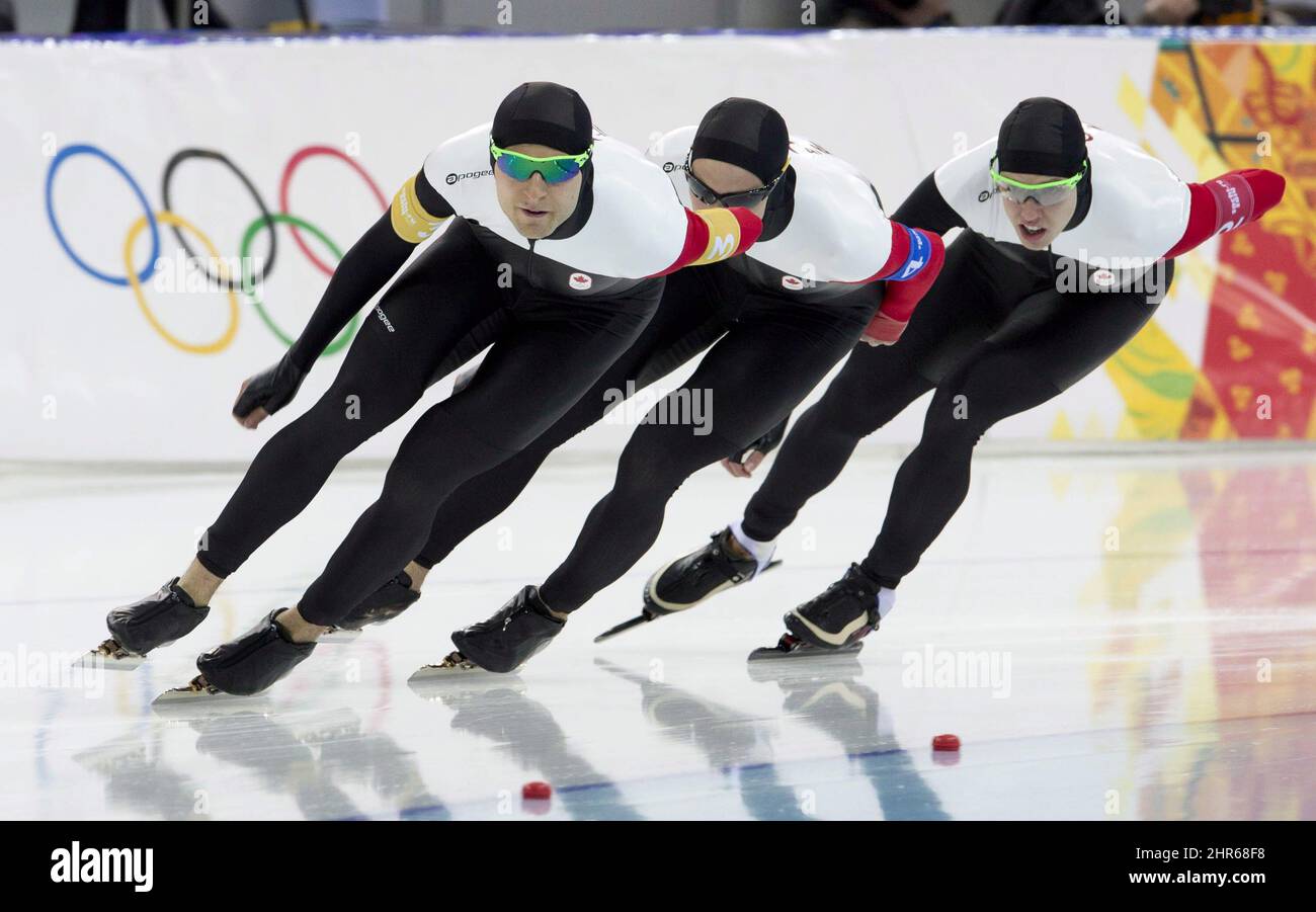 Canada's Lucas Makowsky (left), Denny Morrison and Mathieu Giroux skate ...