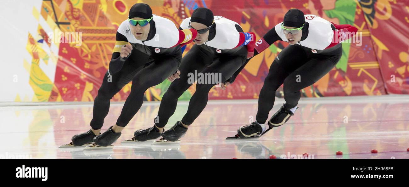 Canada's Lucas Makowsky (left), Denny Morrison and Mathieu Giroux skate ...