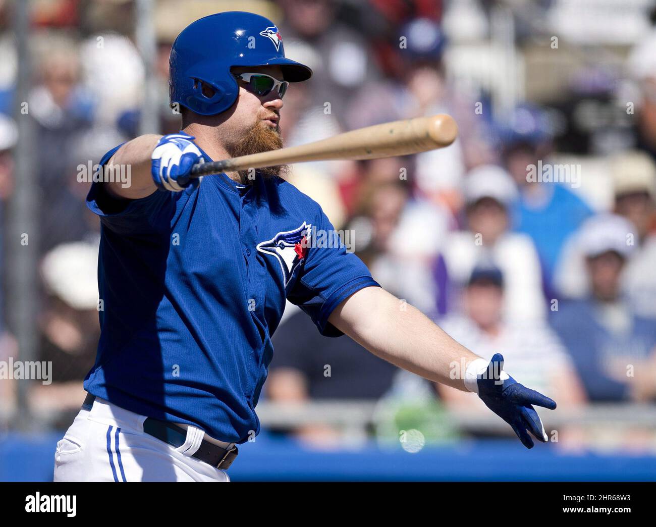 Toronto Blue Jays Adam Lind reacts after fouling a pitch off during ...