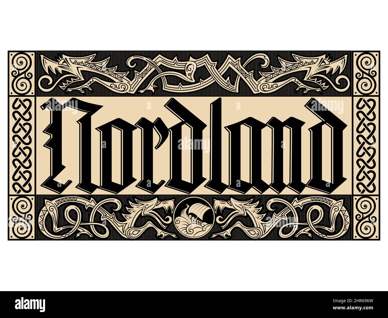Old Norse design. Nordland lettering in gothic style and wicker frame ...
