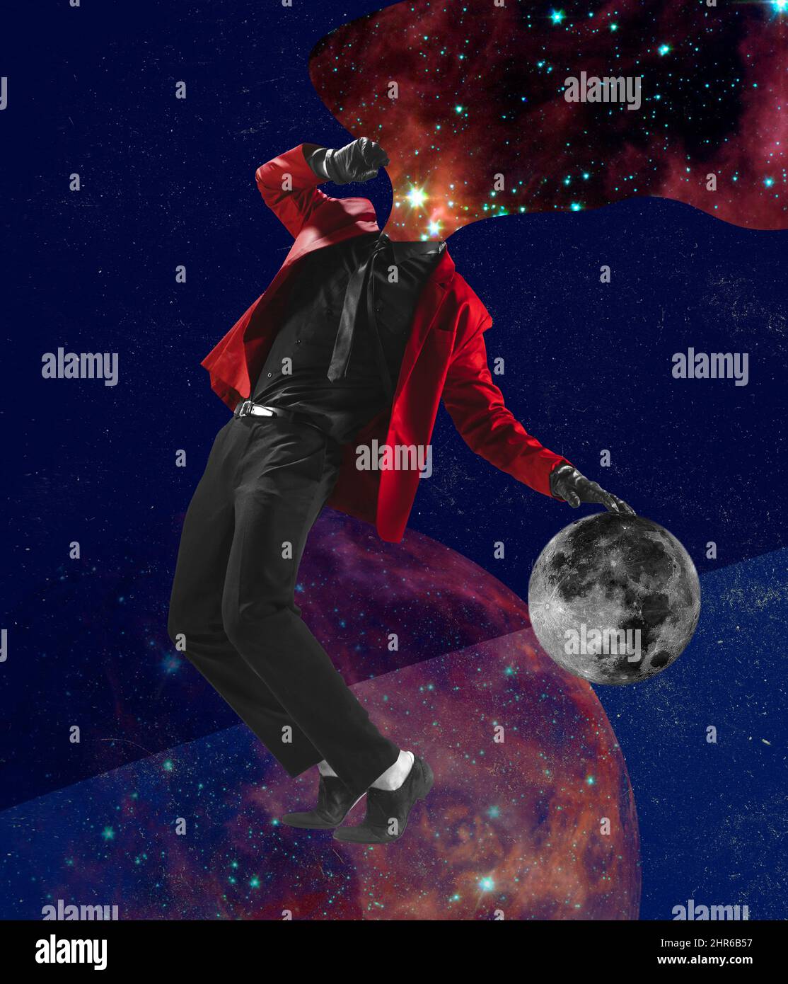 Composition with stylsih man playing basketball with planet on outer ...