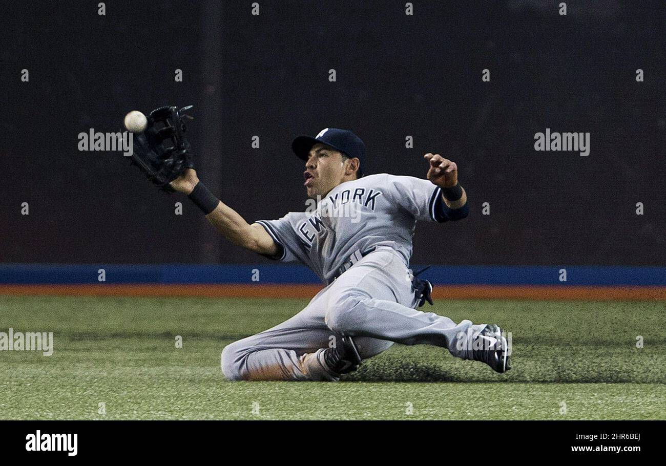 New York Yankees centre fielder Jacoby Ellsbury makes a diving catch against the Toronto Blue ...