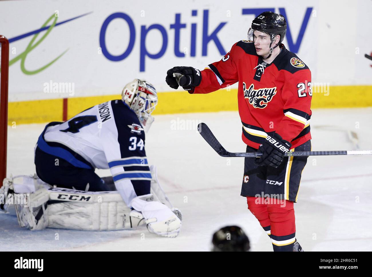 Calgary Flames' Sean Monahan, right, celebrates his goal against ...