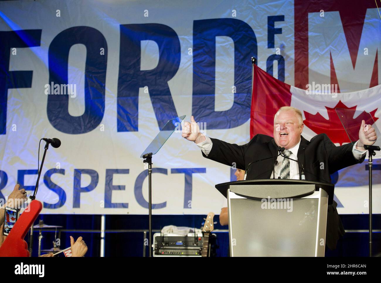 Toronto mayor Rob Ford reacts as he speaks to his supporters during his ...