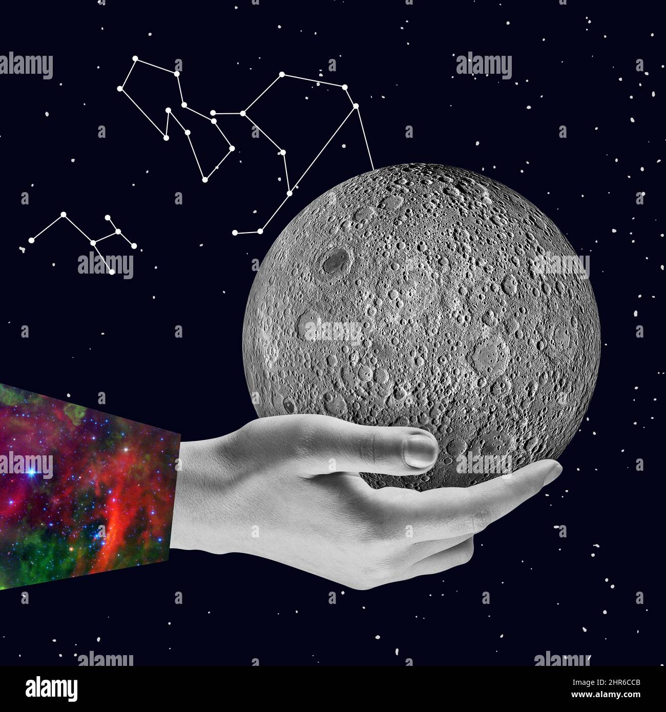 Contemporary art collage. Female hand holding unknown planet on dark ...