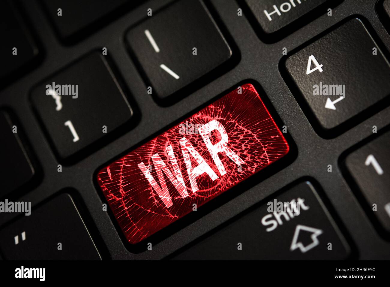 Message on broken red enter key of keyboard. Computer Ukraine war ...