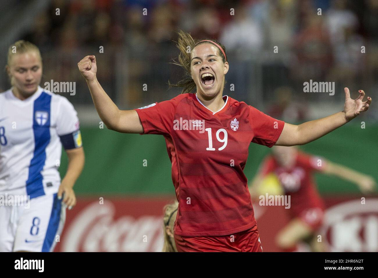Canada's Valerie Sanderson celebrates Janine Beckie's goal against ...