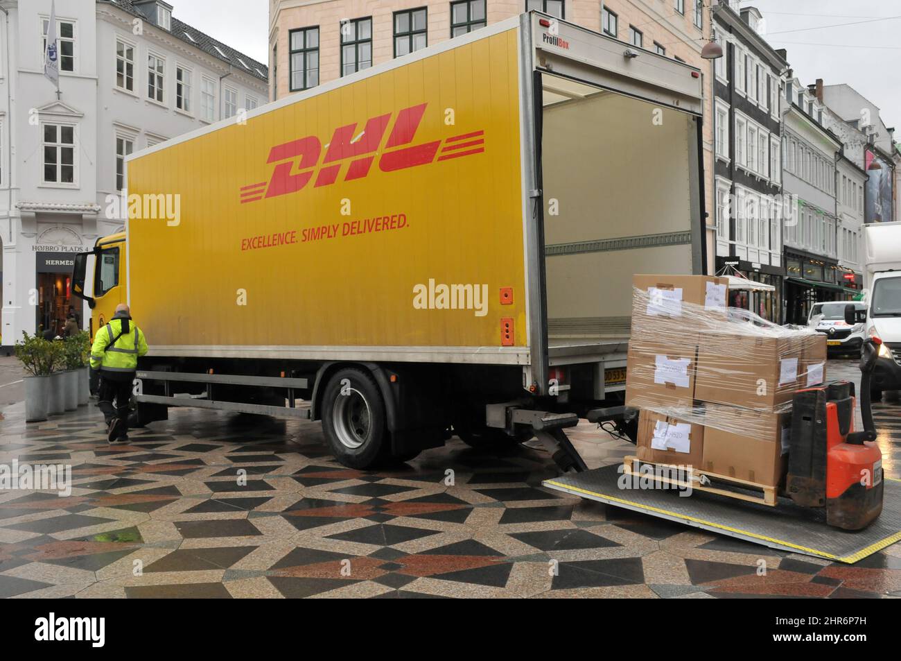 Copenhagen/Denmark./25 February 2022/.Deutsche DHL delivery truck in ...
