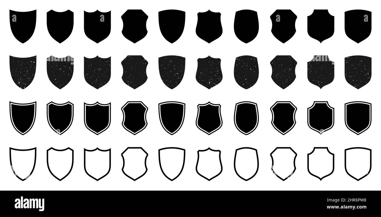 Set of various vintage outlined shield icons. Black heraldic shields ...