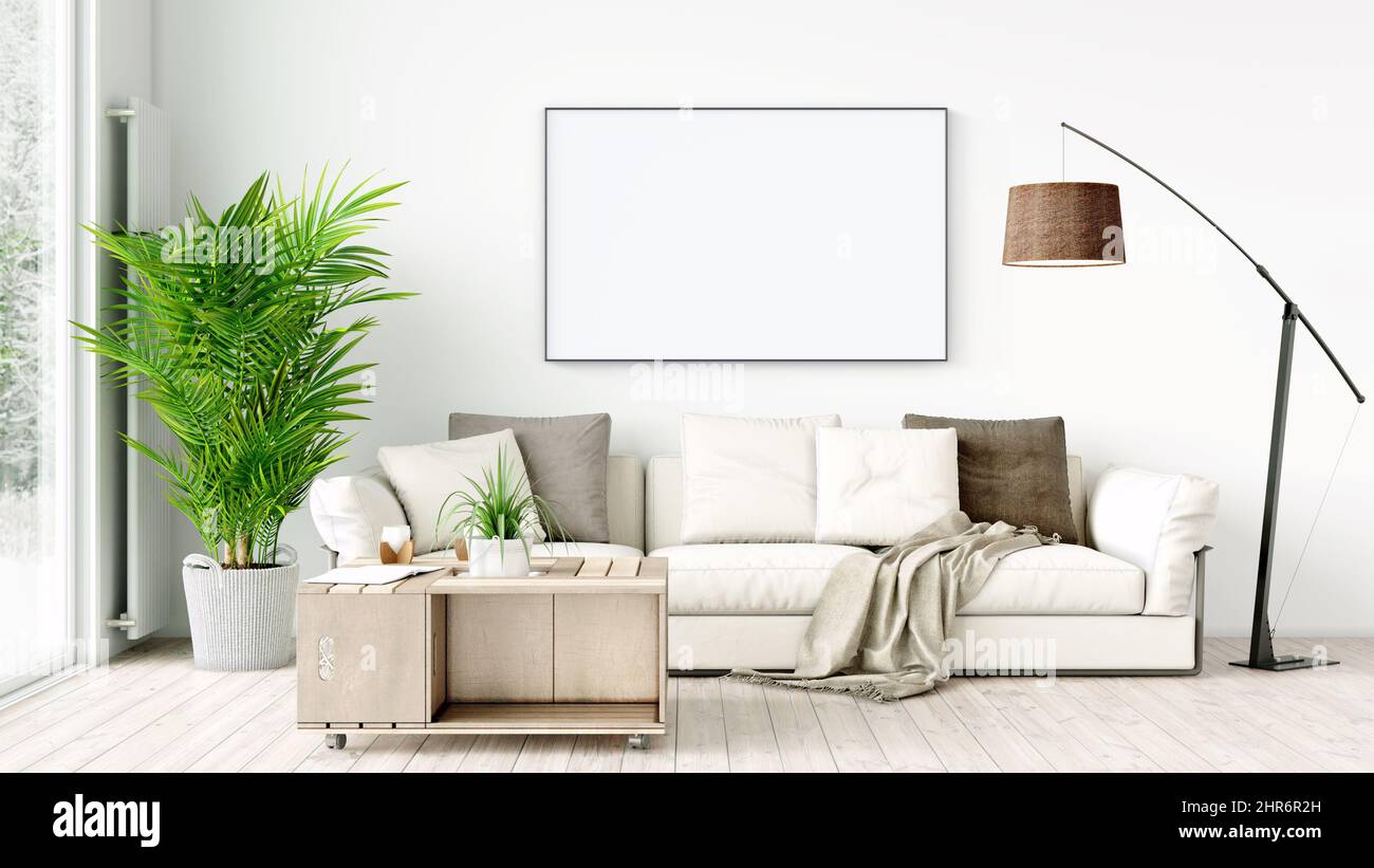 Modern interior of a room with an empty painting. Sofa and large window ...