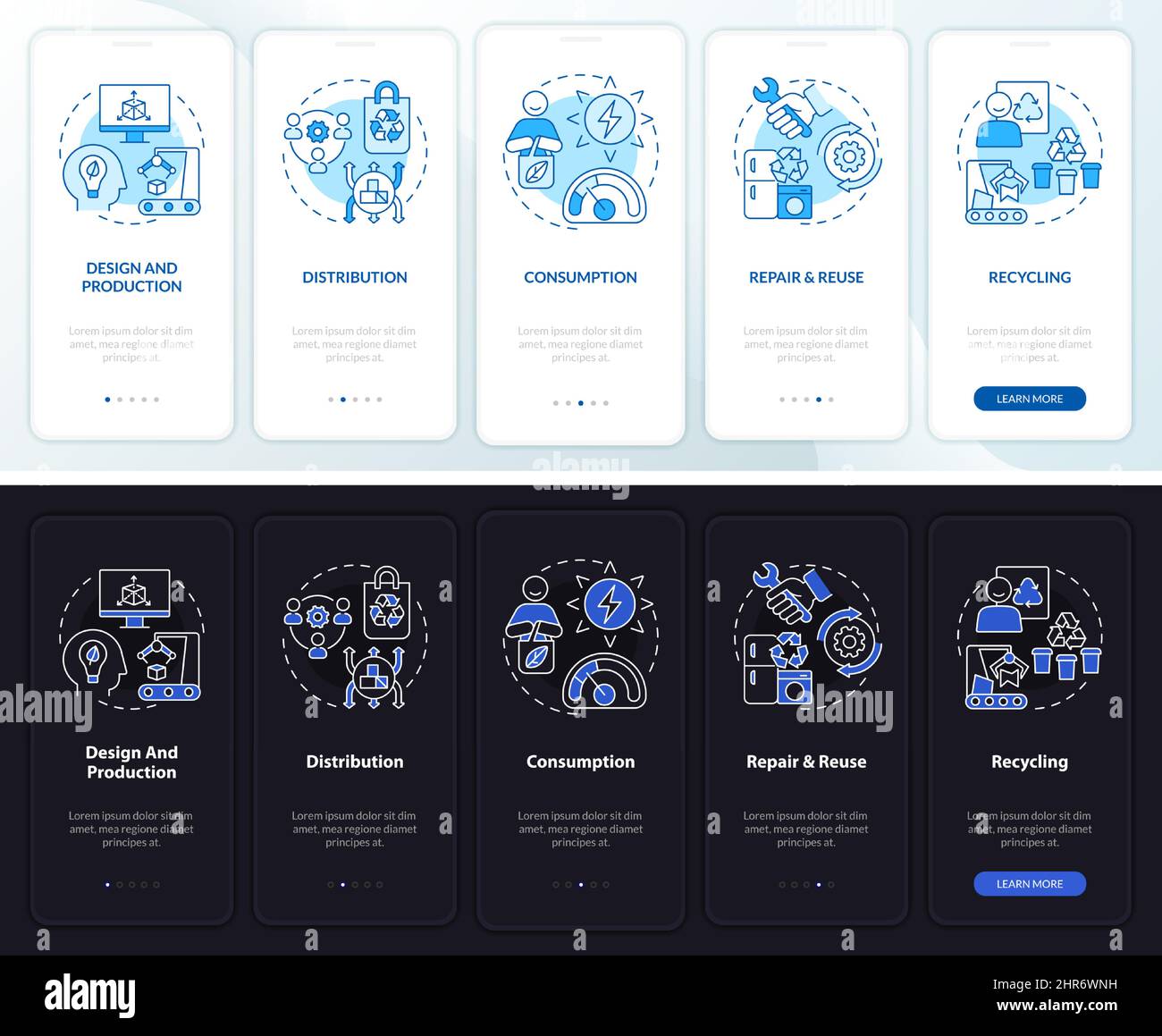 Circular economy steps night and day mode onboarding mobile app screen ...