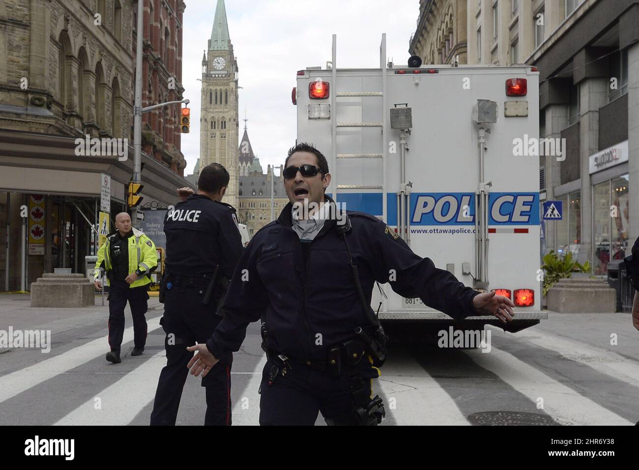 Police secure an area around Parliament Hill in Ottawa on Wednesday Oct ...