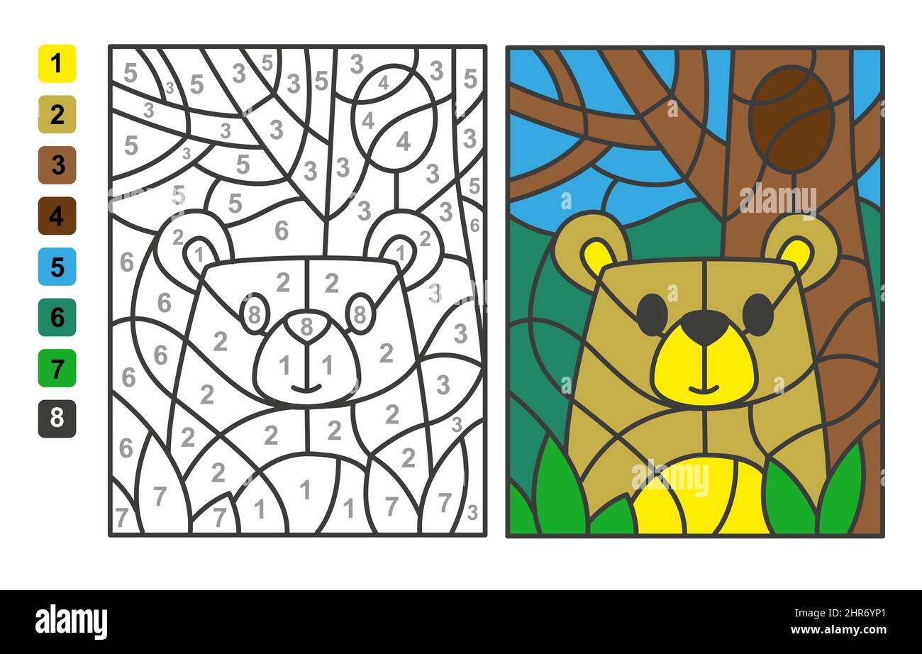 Simple vector coloring wild animal bear, color by numbers. Puzzle game ...
