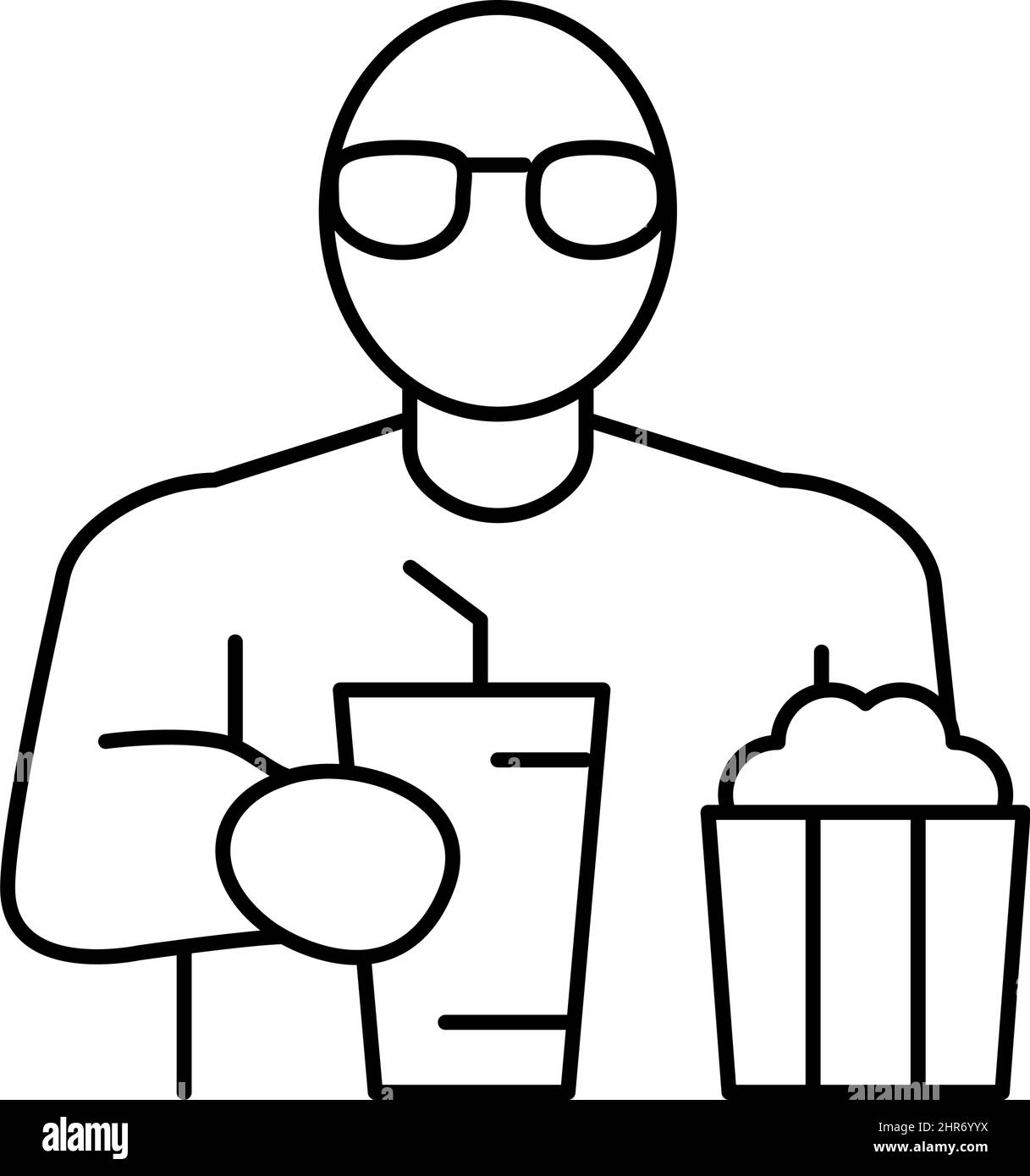 spectator watching movie and eating popcorn in cinema line icon vector ...