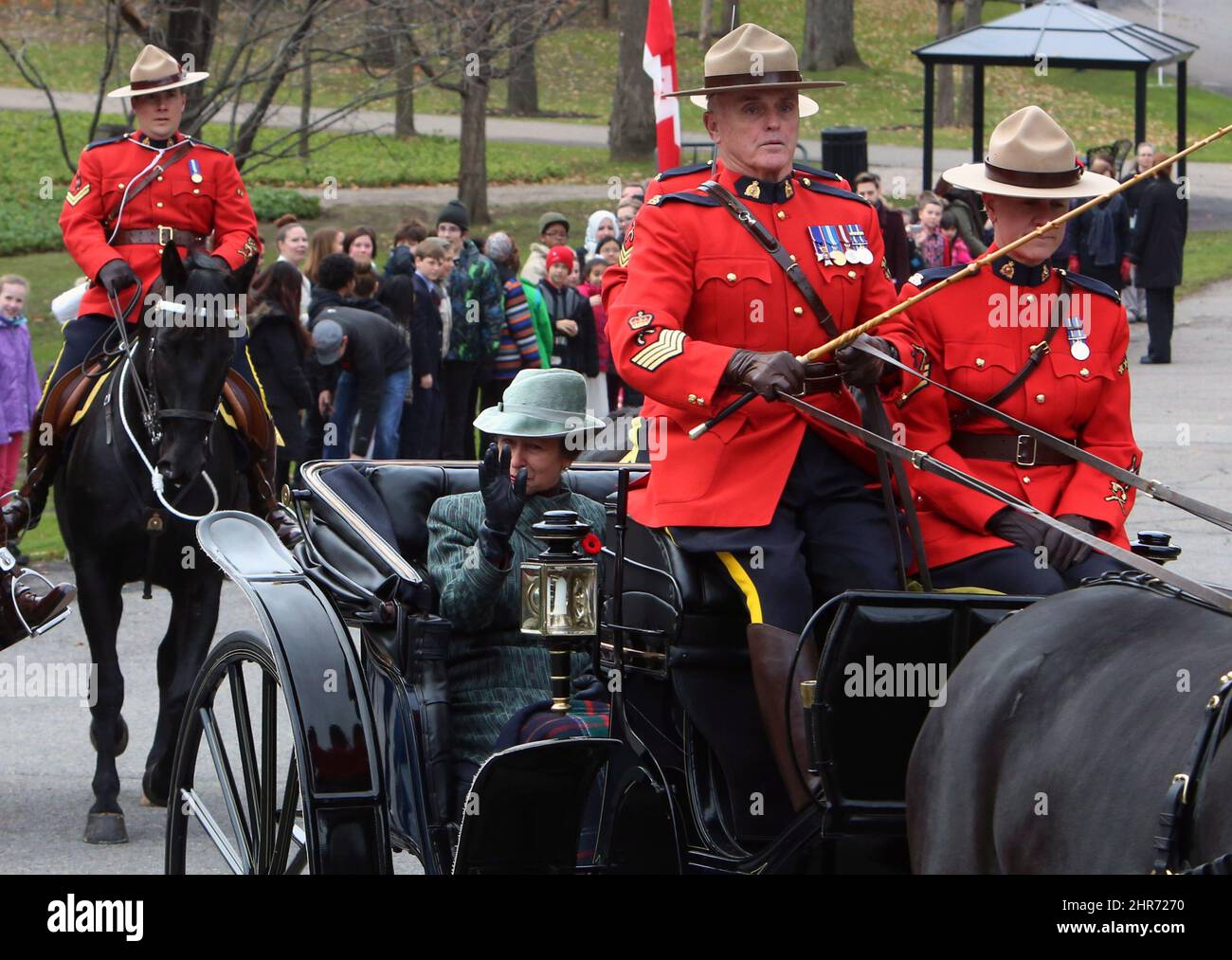 Princess Anne waves as she arrives by RCMP horse drawn landau at Rideau ...
