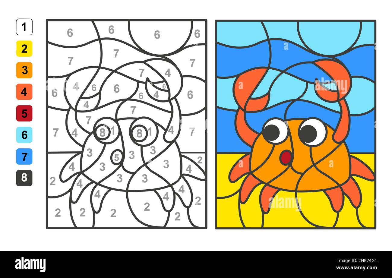Color by numbers sea and ocean life. Puzzle game for children education ...