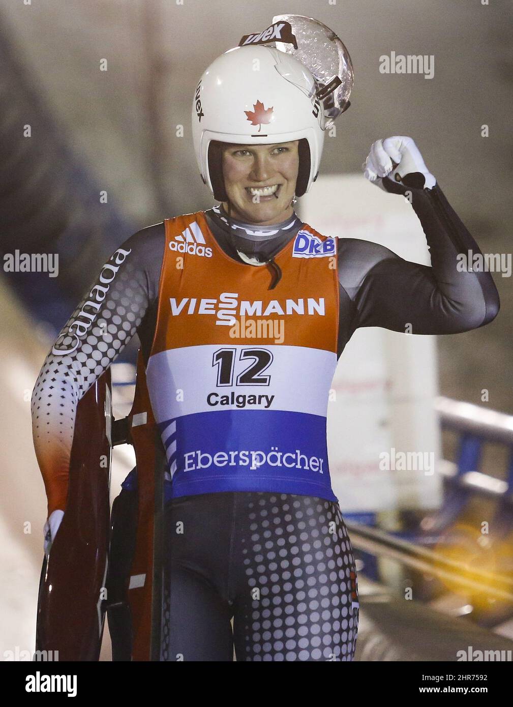 Canada's Alex Gough, celebrates her second place finish at the women's ...
