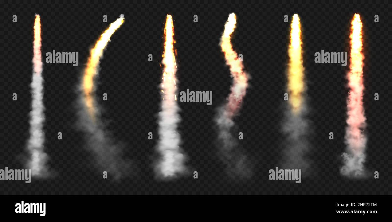 Realistic space rocket launch trails. Fire burst, explosion. Missile or ...