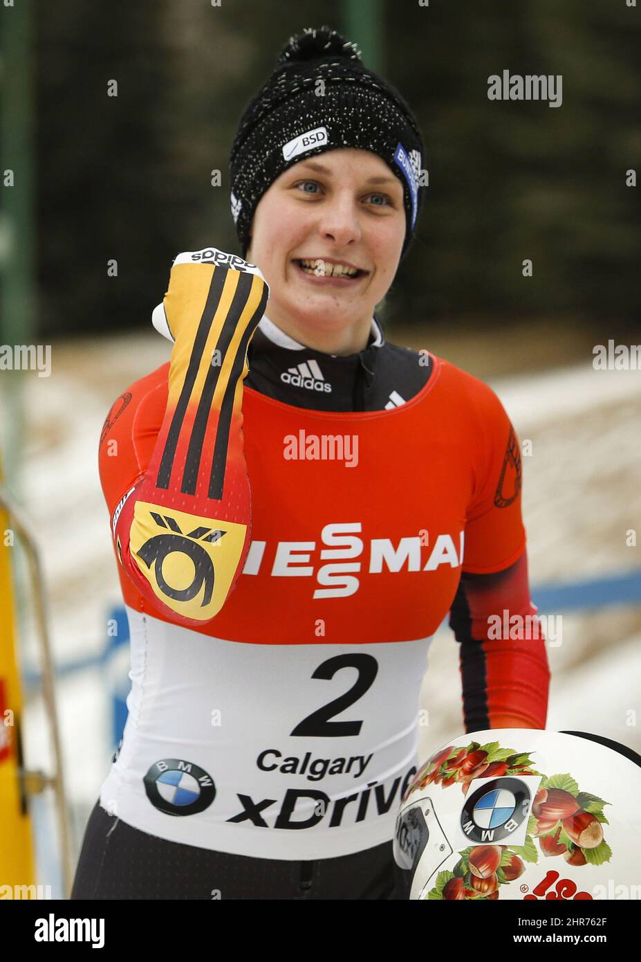 Germany's Tina Hermann celebrates her third place finish at the women's ...