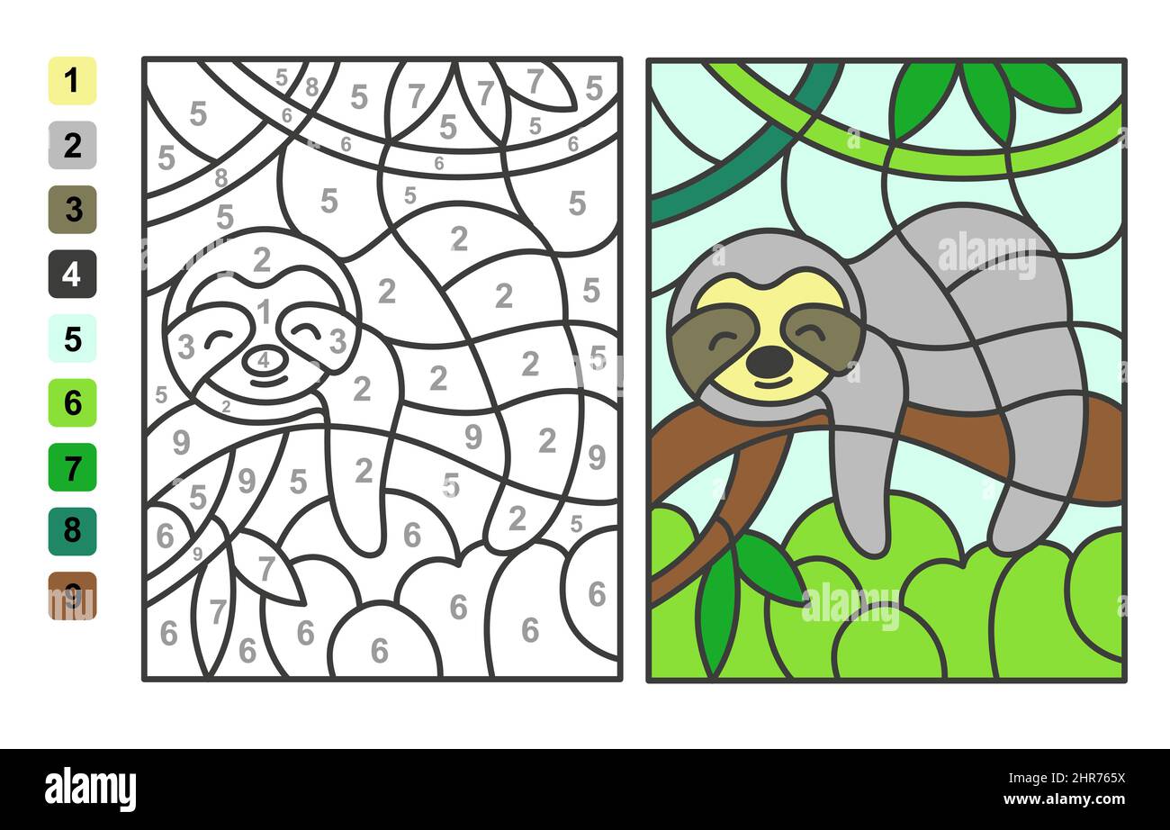 Color by numbers lazy creature sloth Animal. Puzzle game for children ...