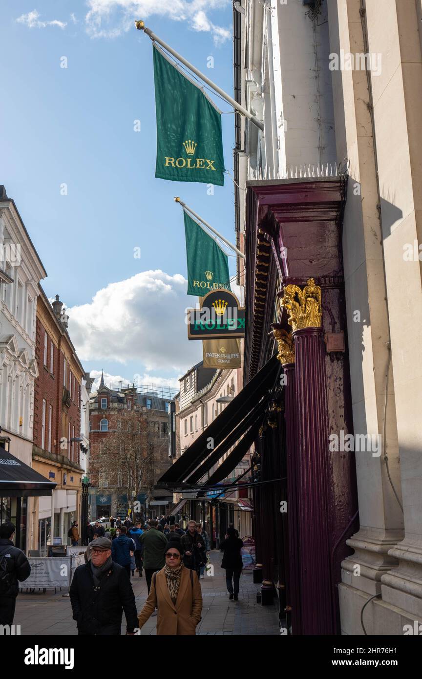 Rolex flags and sign high up outside jewellers on london Street Norwich ...