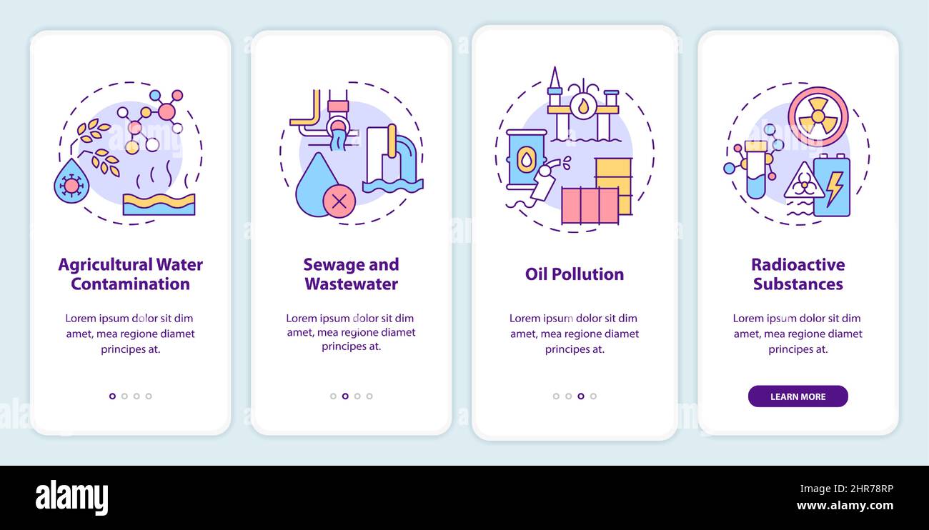 Types of water contamination onboarding mobile app screen Stock Vector ...