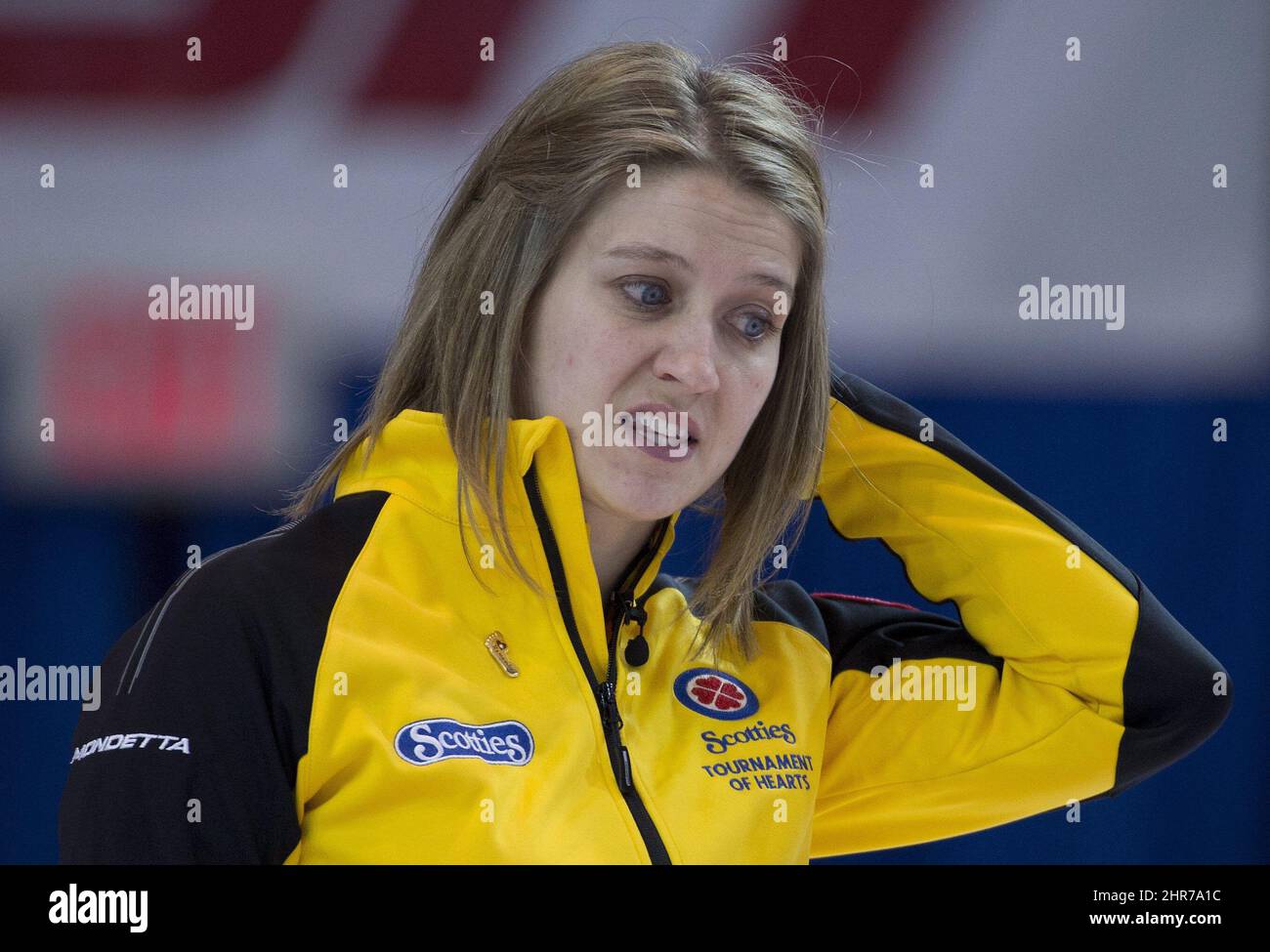 New Brunswick skip Sylvie Robichaud reacts to a shot during a morning ...