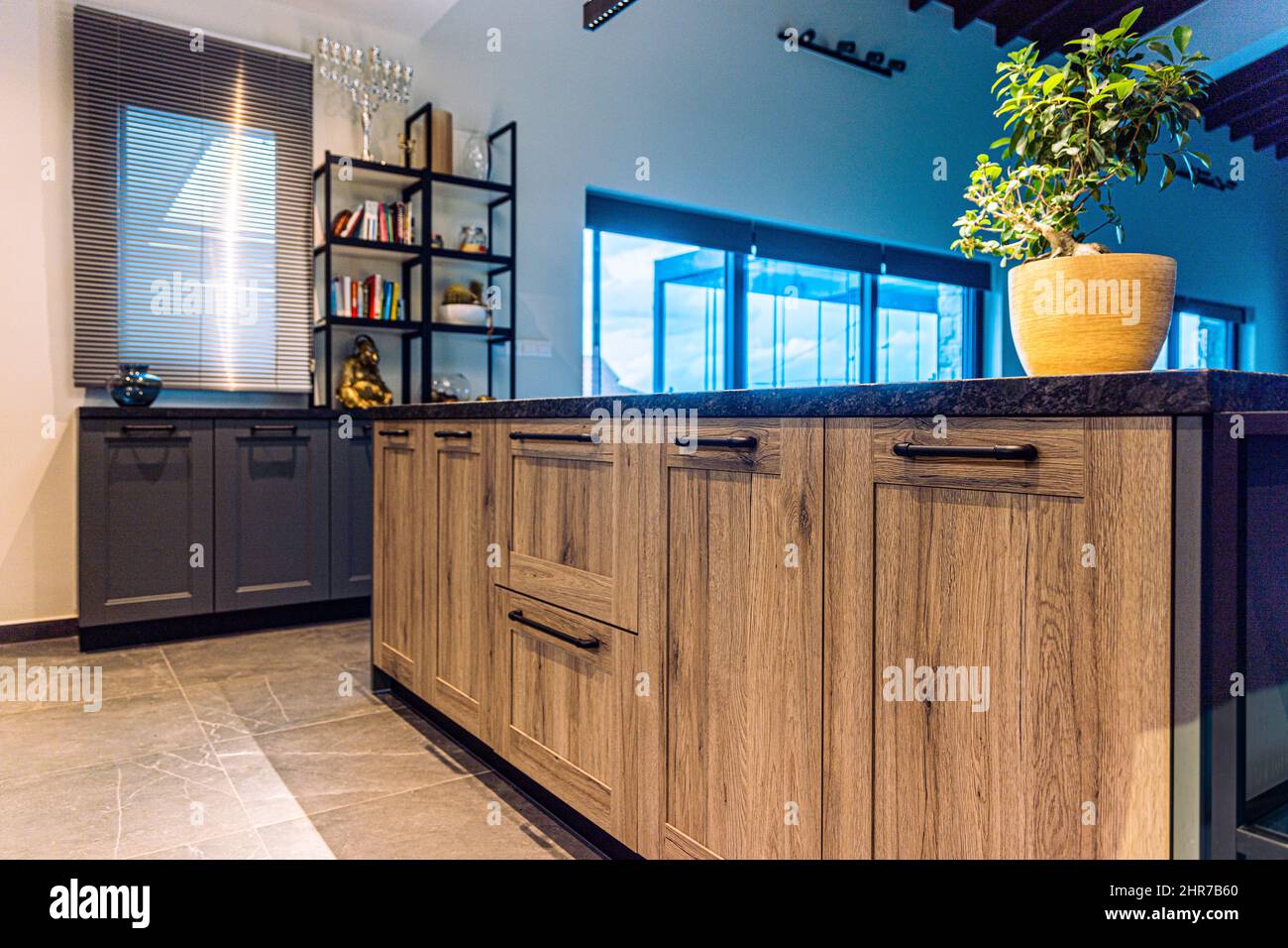 Beautiful kitchen interior design with wooden cabinets Stock Photo - Alamy