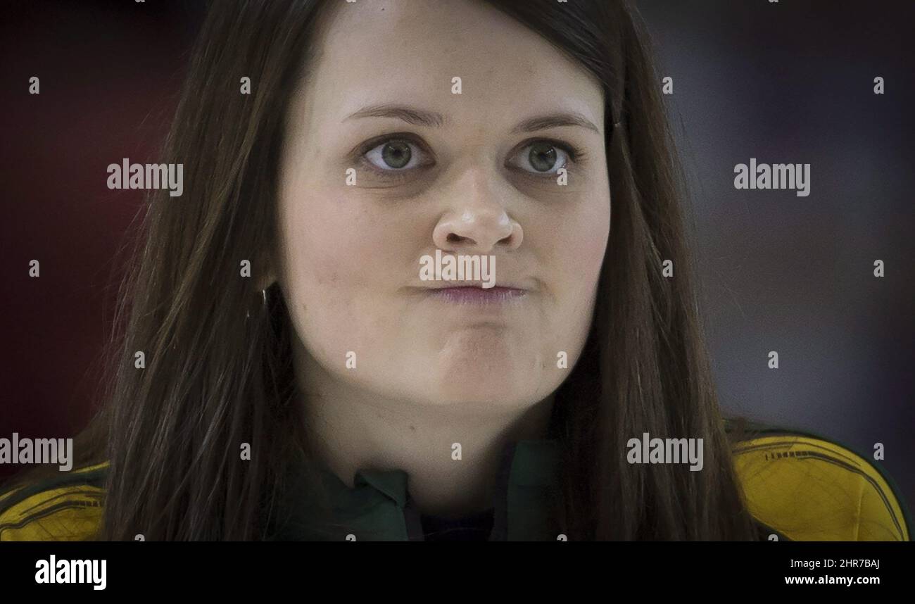 Northern Ontario skip Tracey Horgan reacts to her shot during a morning ...
