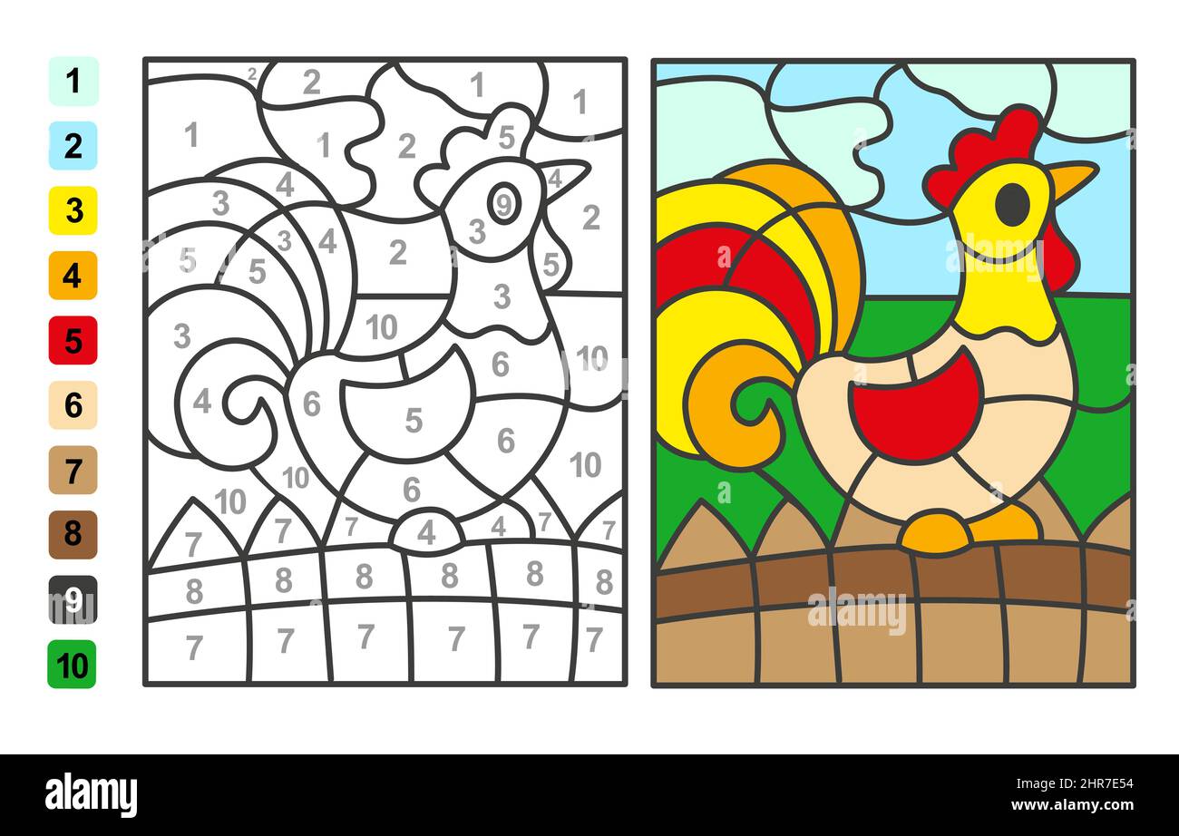 Color by numbers rooster Animal. Puzzle game for children education ...