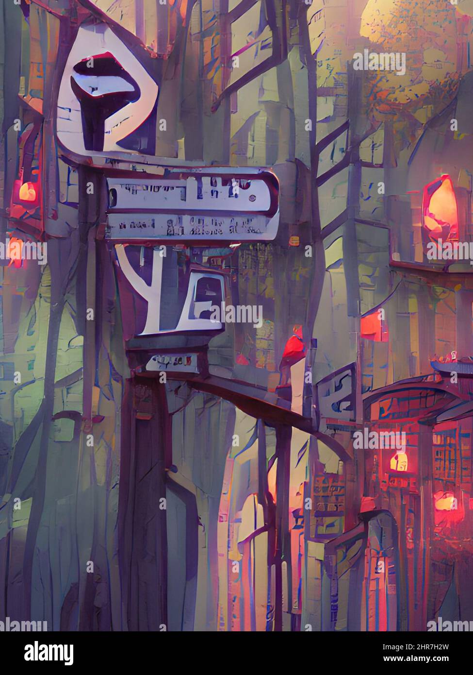 Image of a city painted in an style fantastic creepy streets at night ...