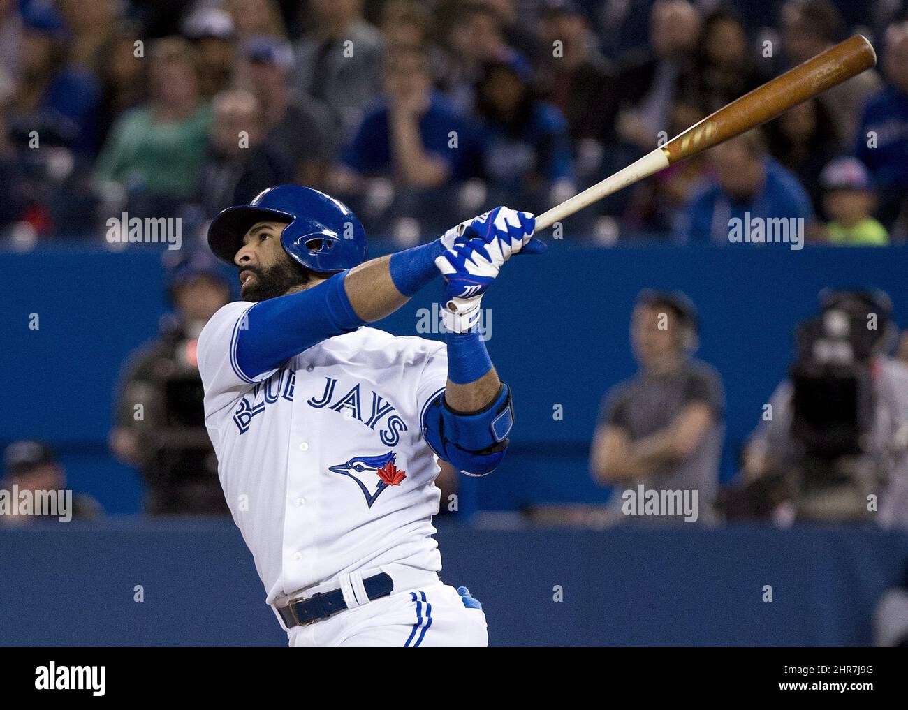 Toronto Blue Jays right fielder Jose Bautista, watches his two run home ...