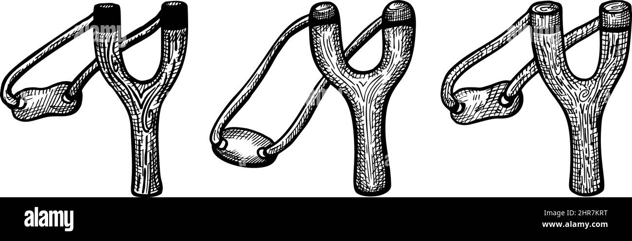 Set slingshot sketched isolated. Vintage boys toys in hand drawn style ...